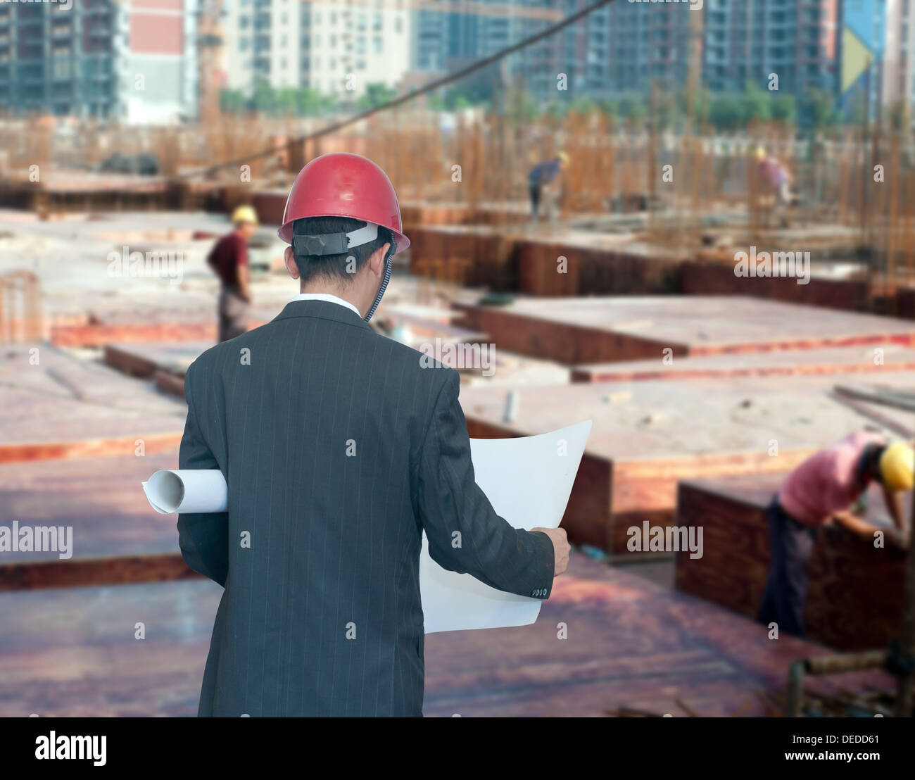 Rear view of architect looking comparing housing project with building ...