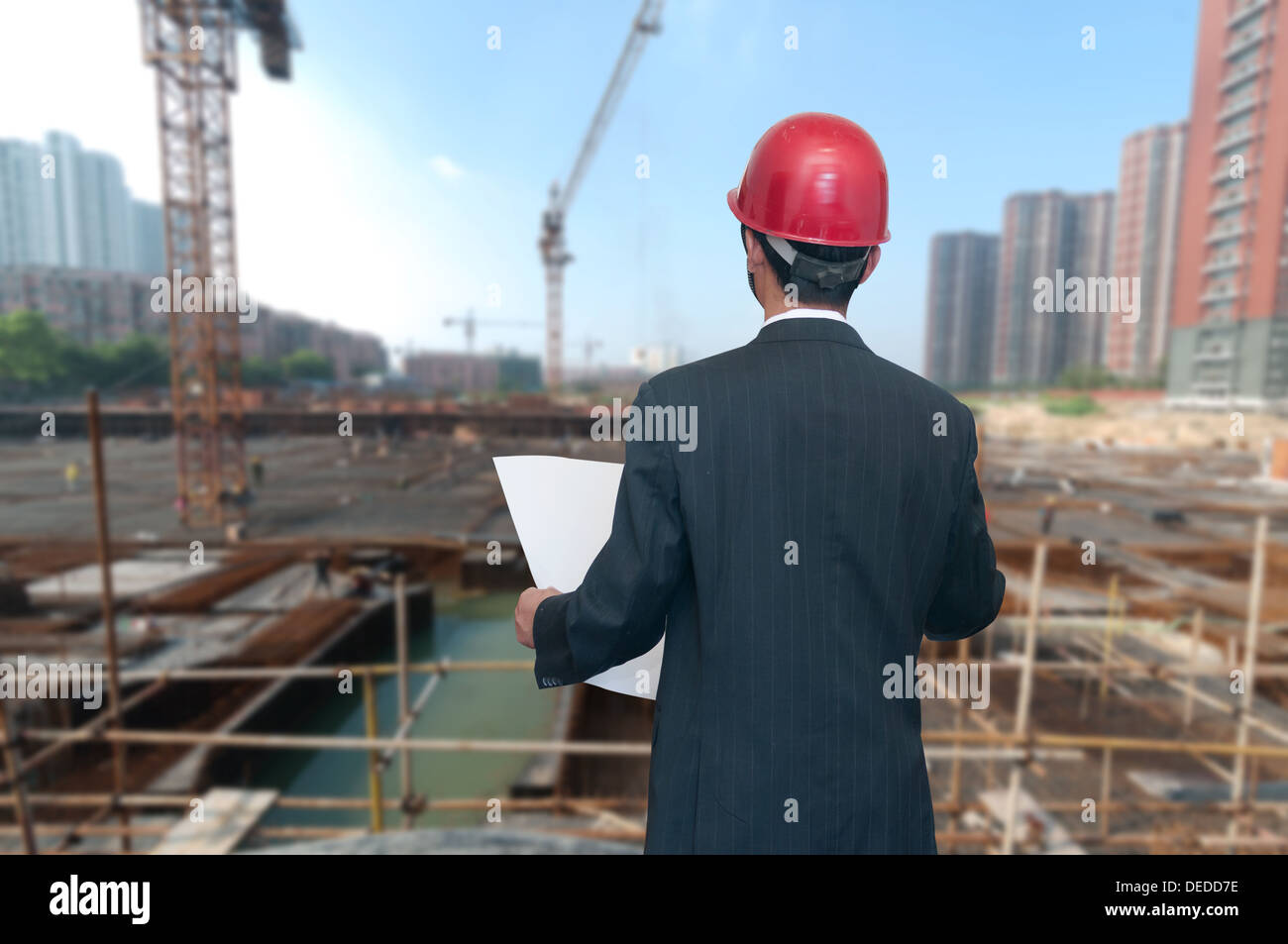Rear view of architect looking comparing housing project with building ...