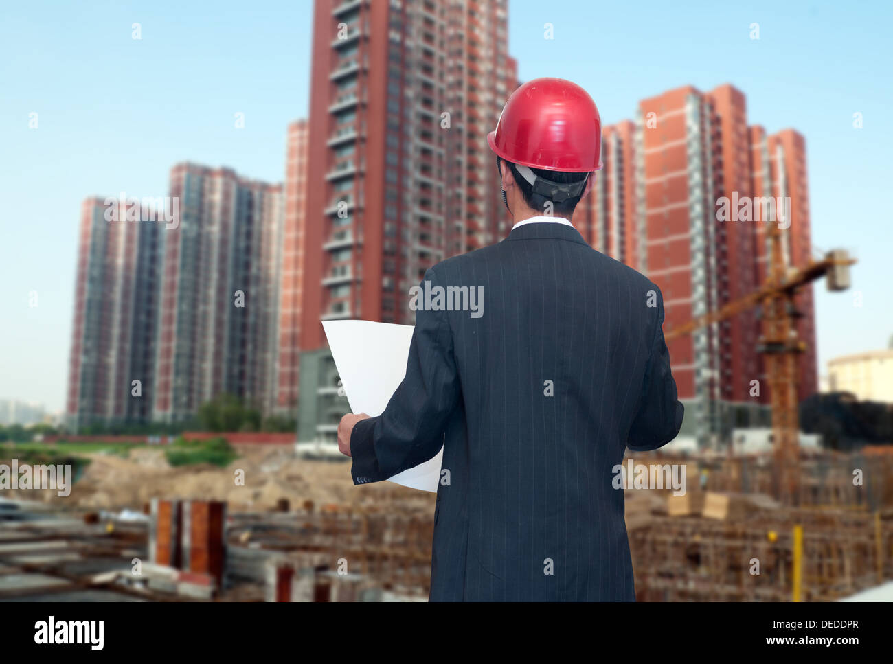 Rear view of architect looking comparing housing project with building ...