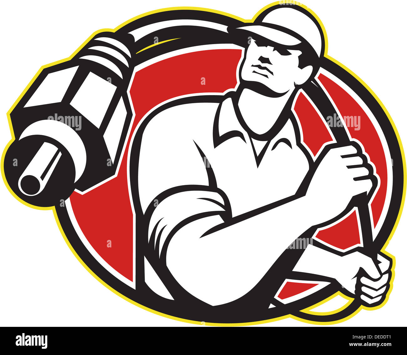 Illustration of a cable tv installer guy wielding a coaxial coax cable ...