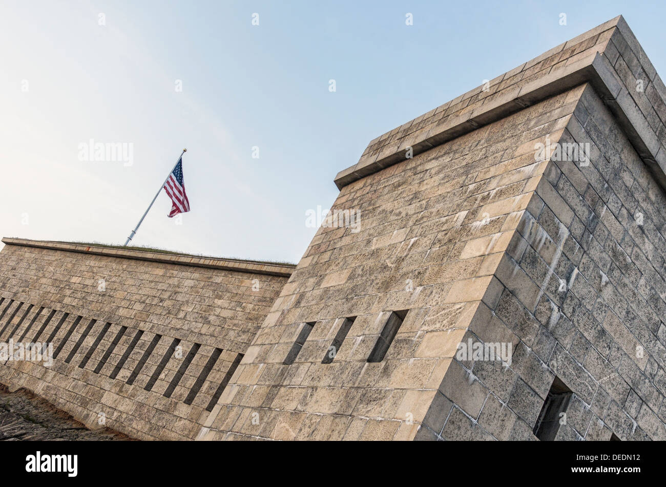 American flag flying over the battlements, seen from an unusual angle ...