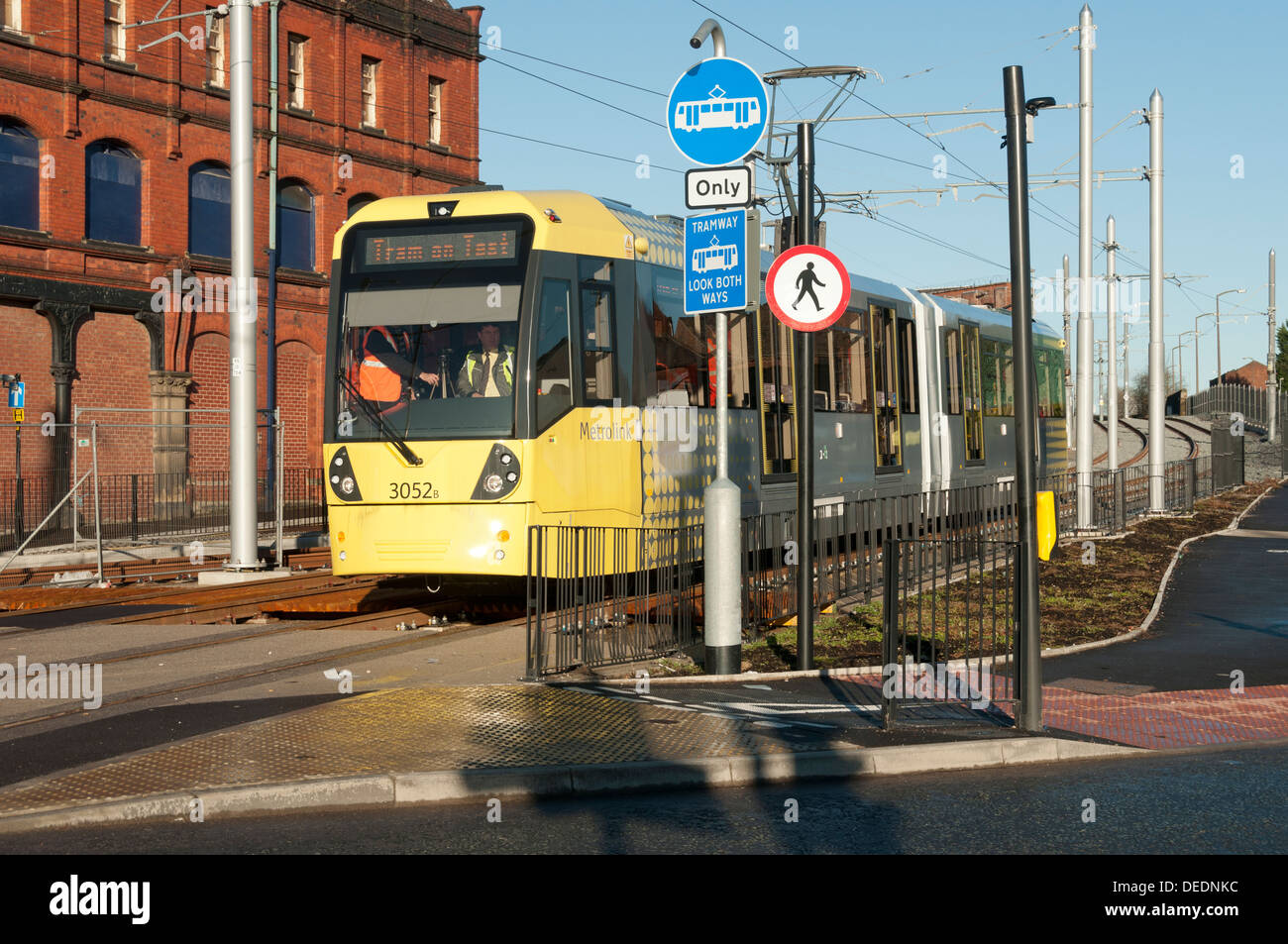 Metrolink tram during testing on the Oldham-Rochdale Line at Oldham ...
