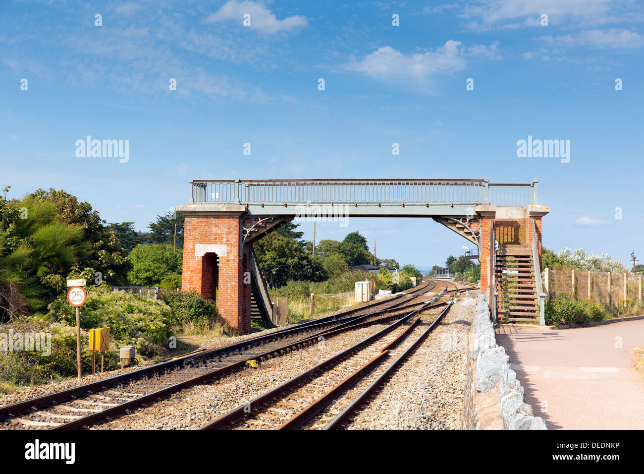 Dawlish Warren Devon England railway bridge and track on blue sky ...