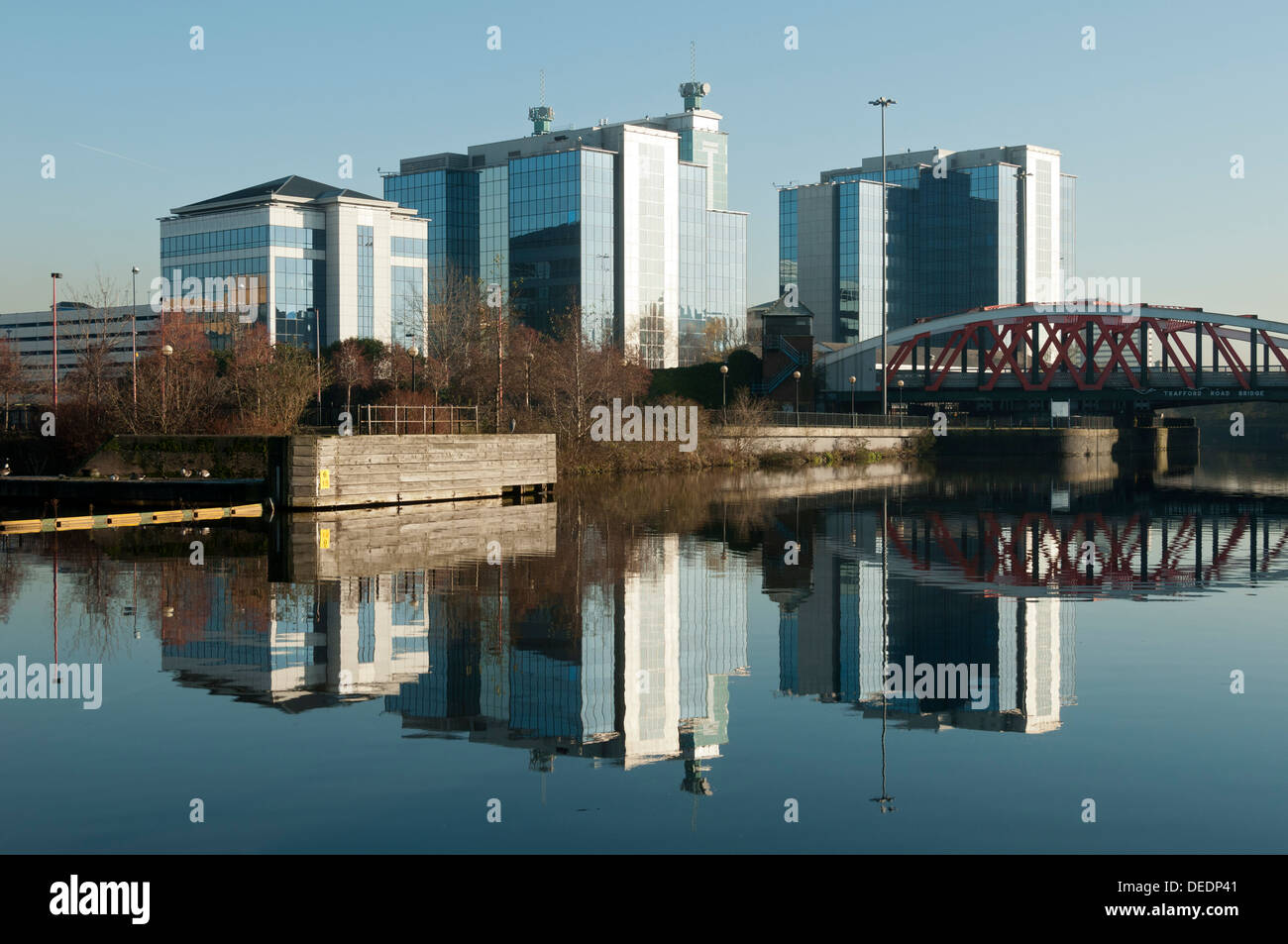 The Exchange Quay complex reflected in the Manchester Ship Canal ...