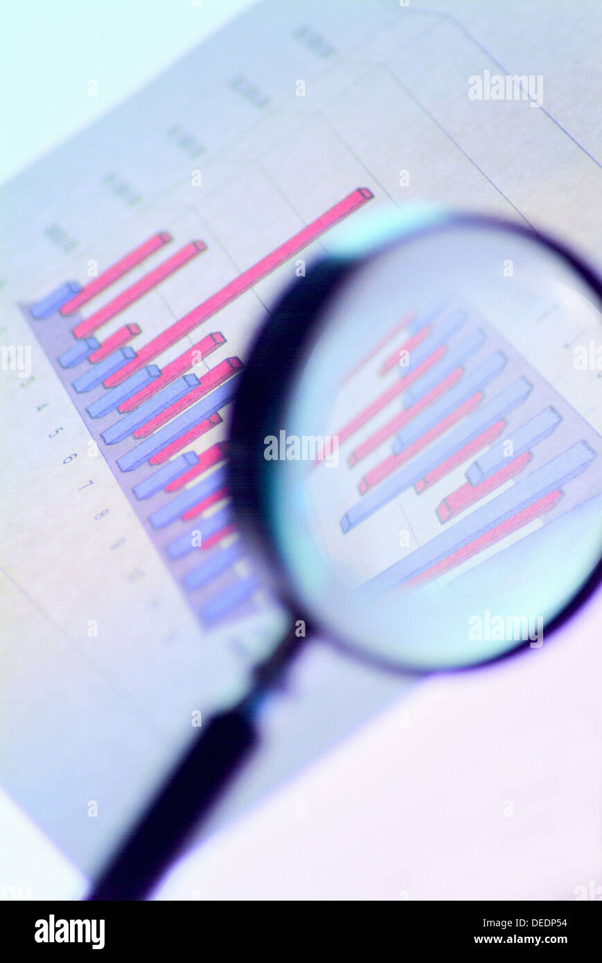 Magnifying glass over bar graph chart, upside down reflection in glass ...