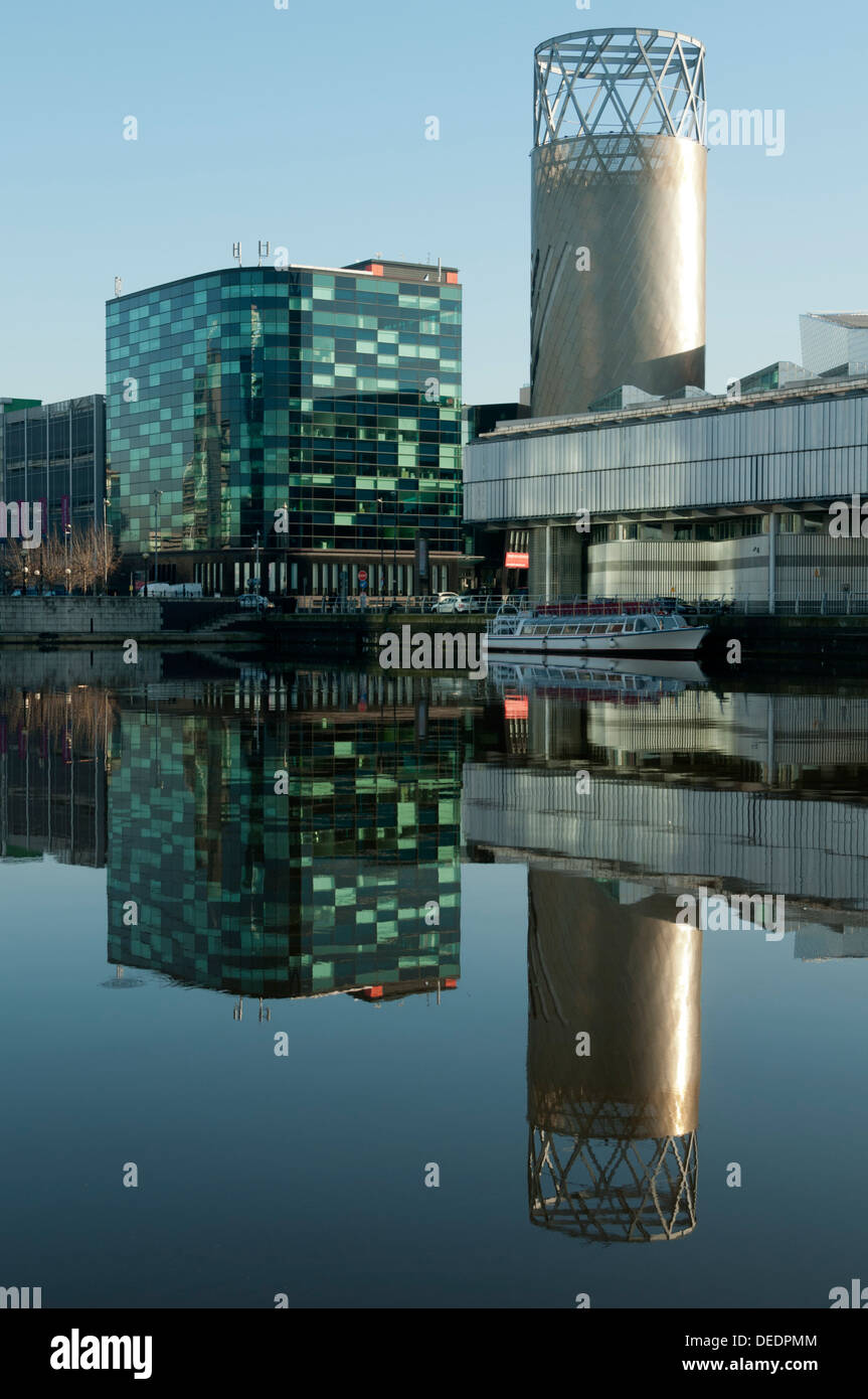 Digital World Centre building and The Lowry tower reflected in the ...