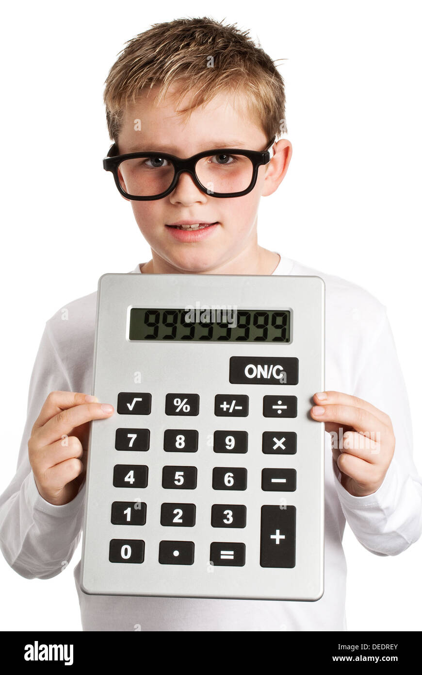 Boy holding very big calculator. Studio white background Stock Photo ...