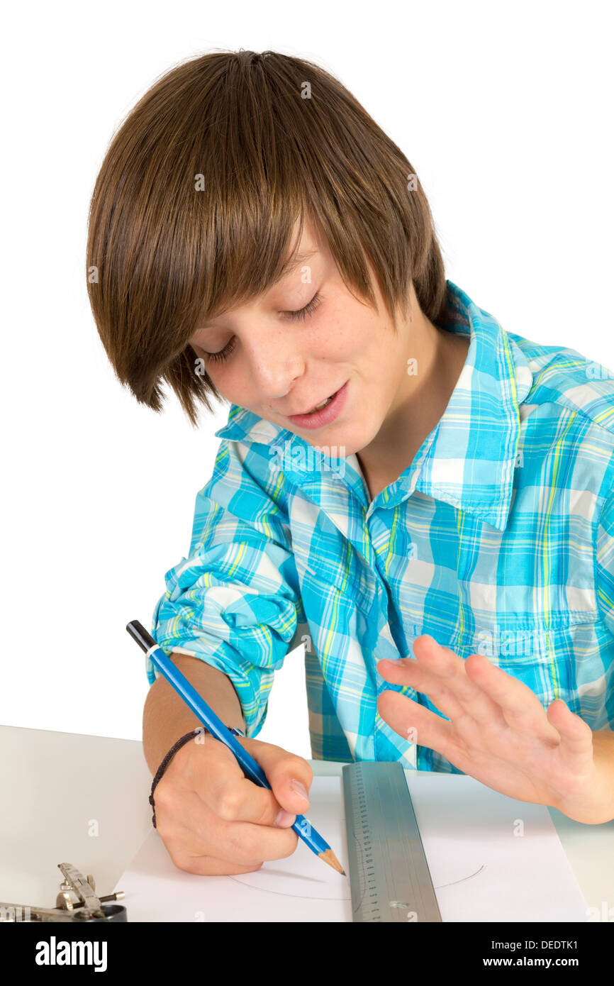 school boy with pencil and ruler, isolated on white Stock Photo - Alamy