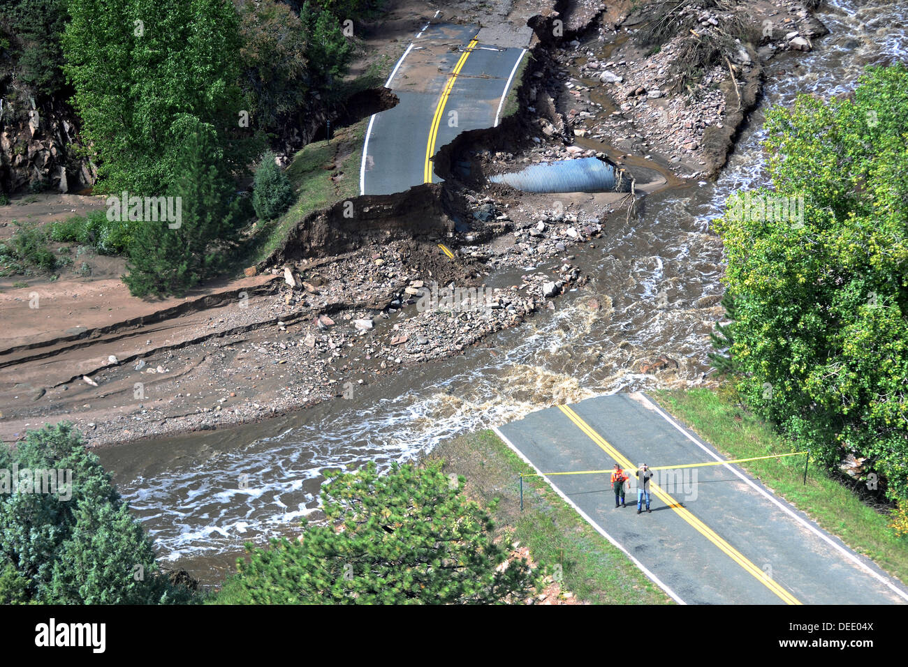 Aerial view of bridge over Highway 34 along the Big Thompson River ...