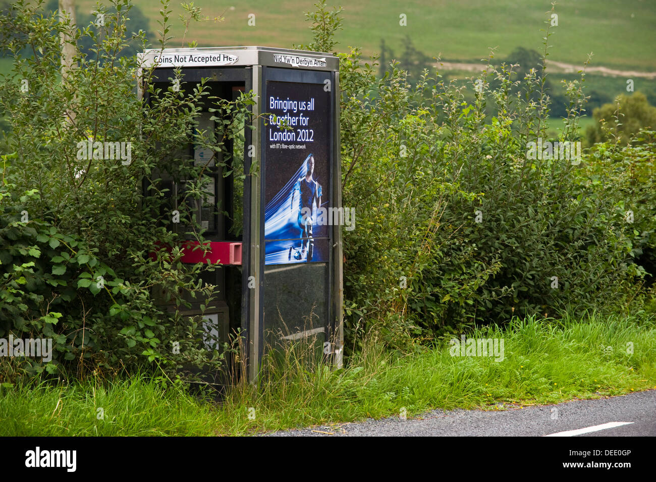 Derelict overgrown BT phone box advertising BT's fibre-optic broadband ...