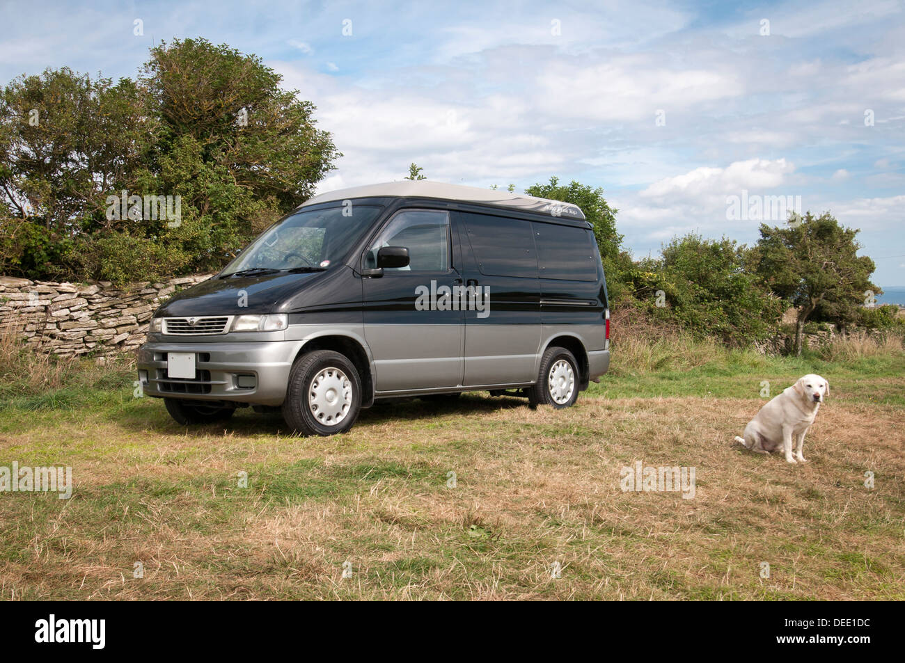 Mazda Bongo MPV van parked in a campsite with a golden labrador Stock ...