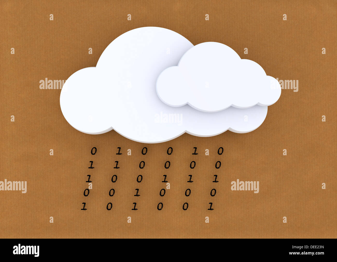 Cloud computing illustration. Clouds with binary rain on kraft paper ...