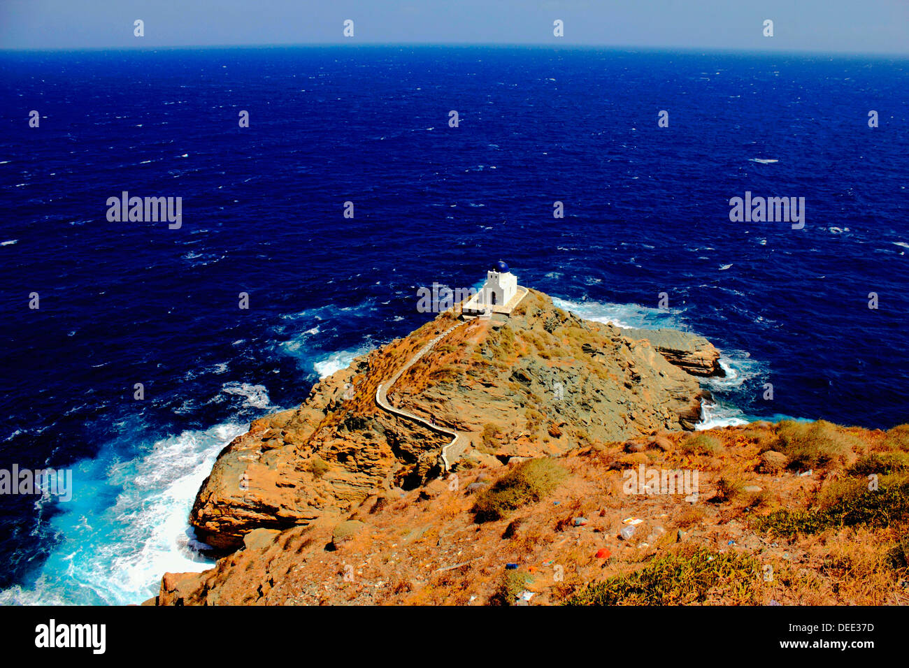 Greece, Cyclades islands, Sifnos, the chapel of Seven Martyrs below ...