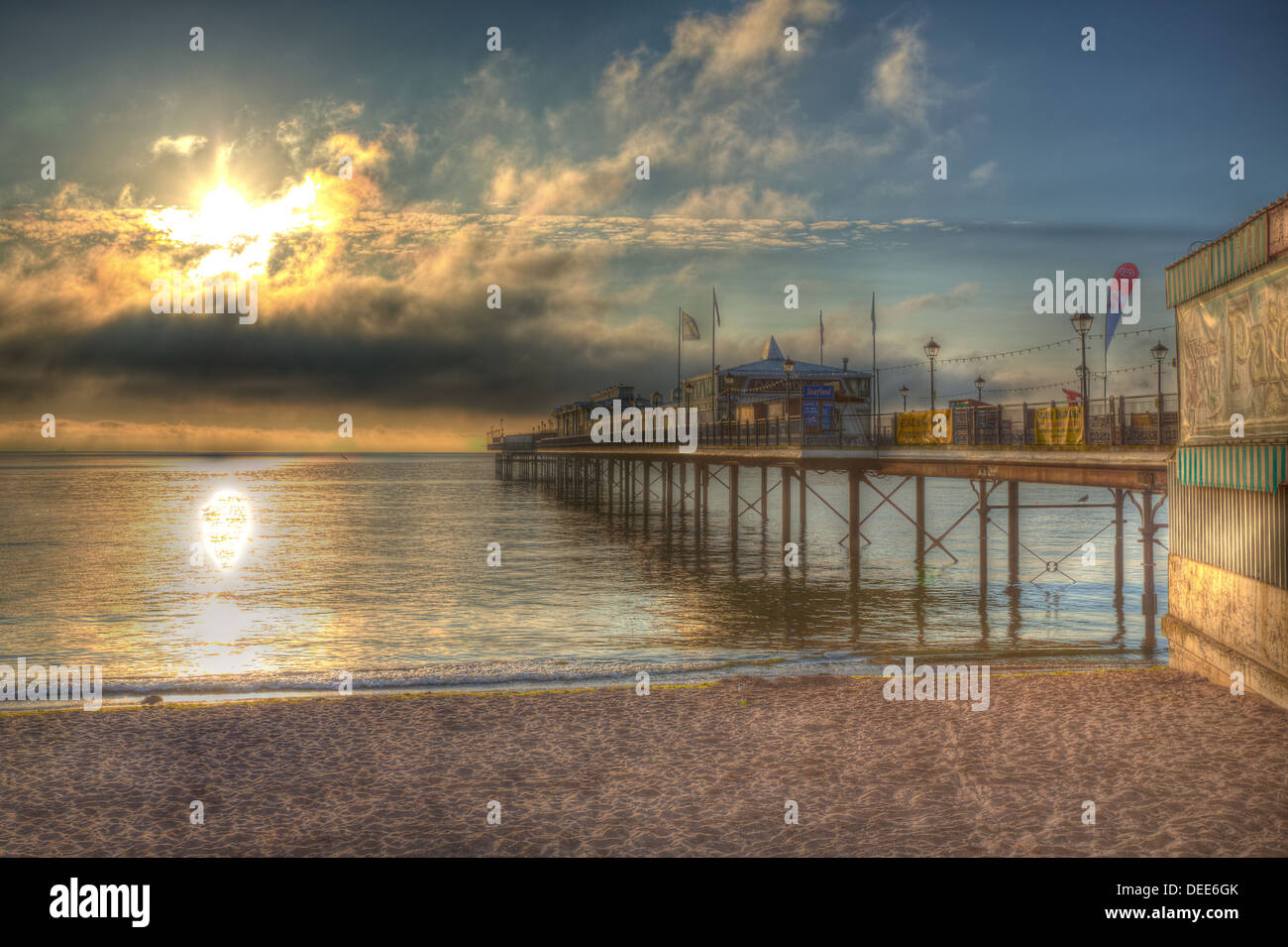Paignton pier and sandy beach Torbay Devon England near tourist ...