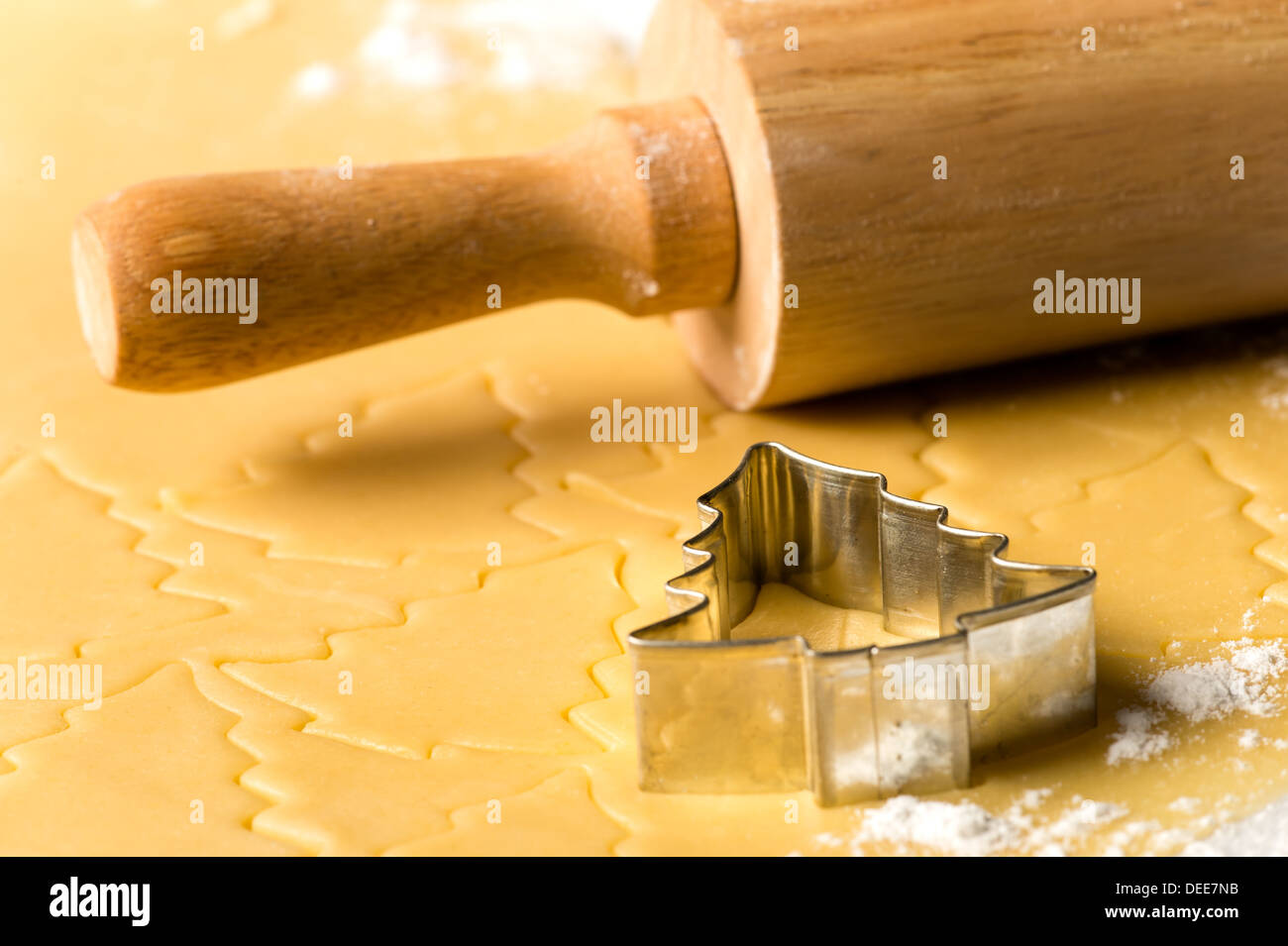 Christmas cookie dough baking sweets with rolling pin and cutter Stock ...