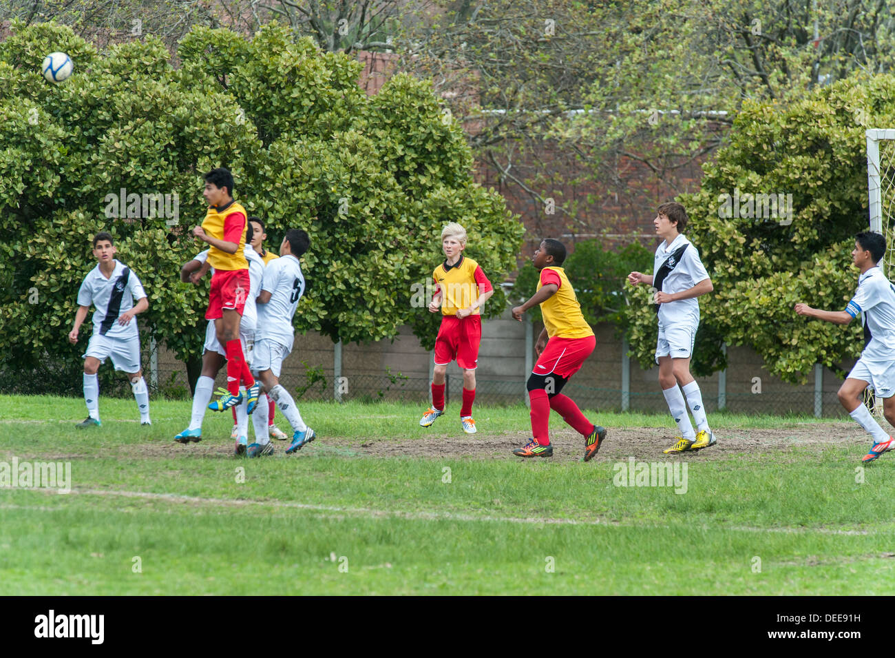 Junior football player making a header , Cape Town, South Africa Stock ...