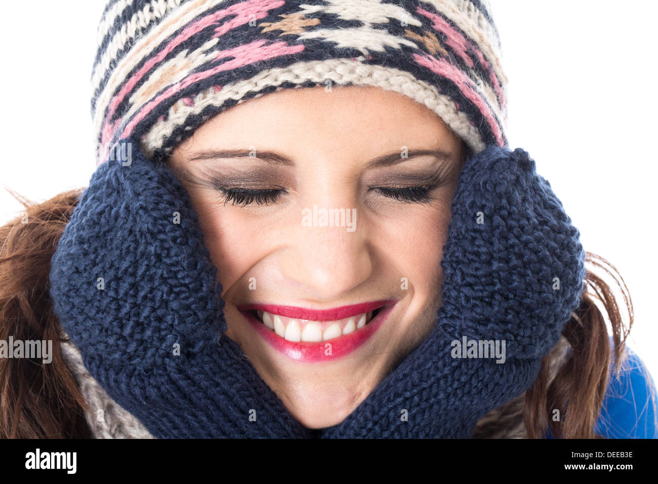 Model Released. Attractive Young Woman Wearing Woolly Hat and Gloves ...