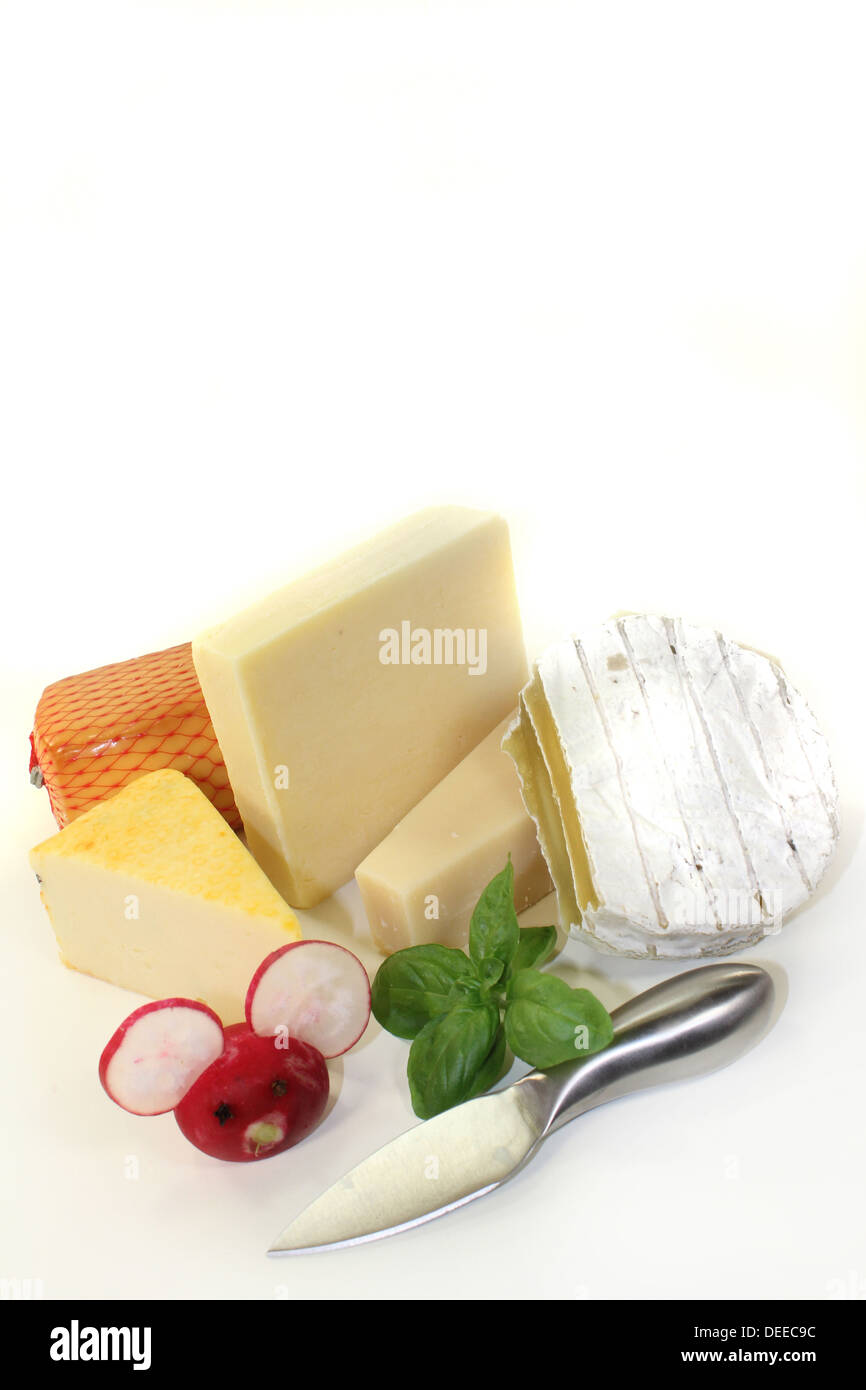 different types of cheese against white background Stock Photo - Alamy
