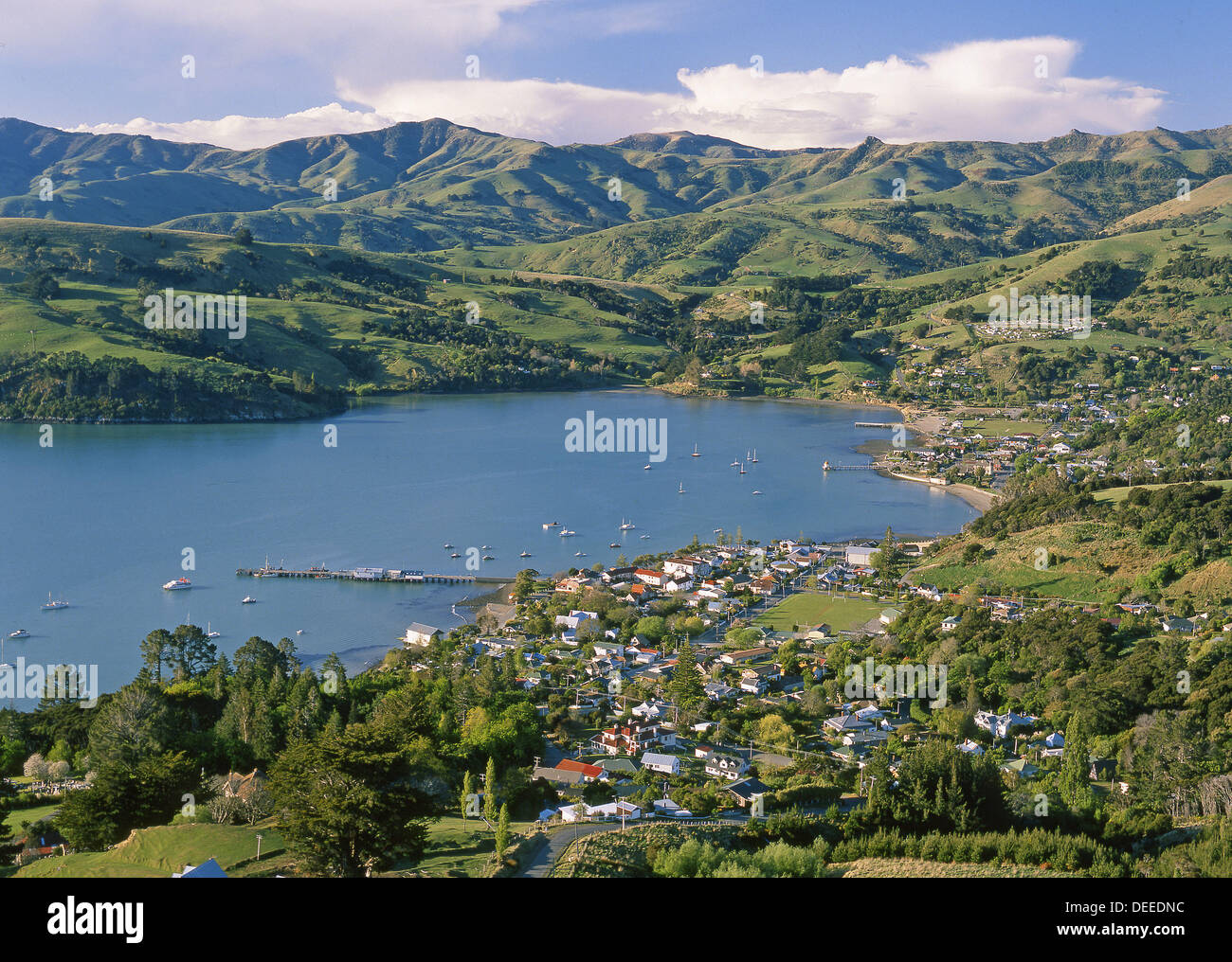 Akaroa township Banks Peninsula aerial view New Zealand Stock Photo - Alamy