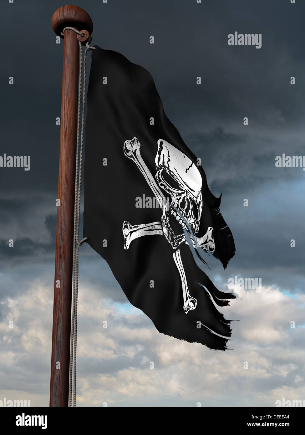 Tattered pirate flag flying high on a windy day Stock Photo - Alamy