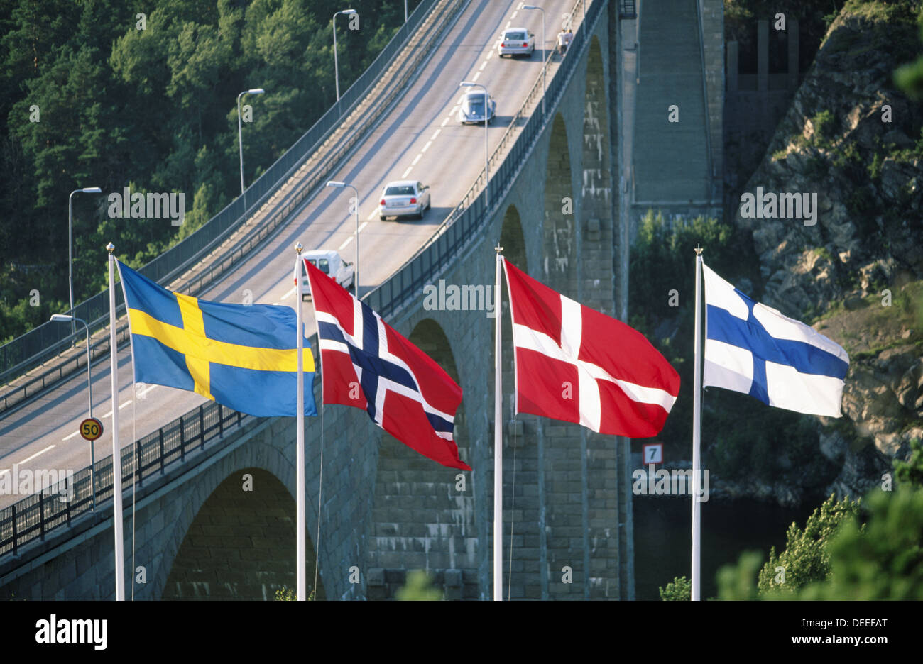 Scandinavian flags by Svinesund Bridge, border between Sweden and ...