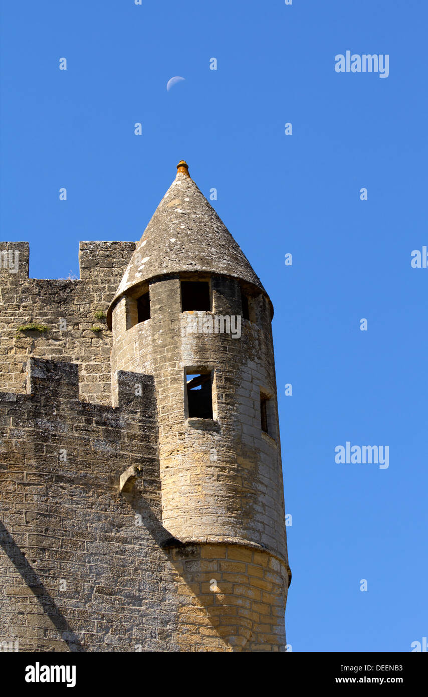 Castle turret with the moon above at Beynac Castle, Dordogne, South ...