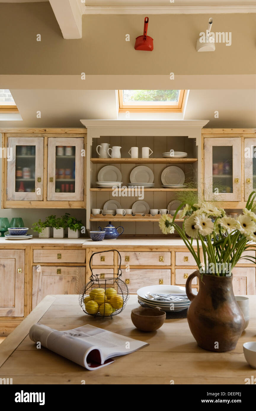 Pale wood kitchen extended with three skylights Stock Photo - Alamy