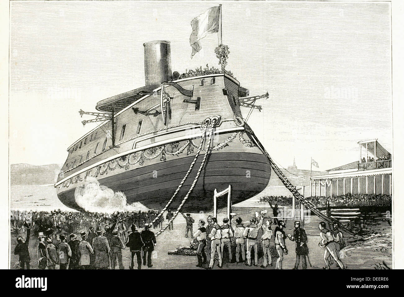Launching of French battleship ´Formidable´. Lorient, France. Drawing ...