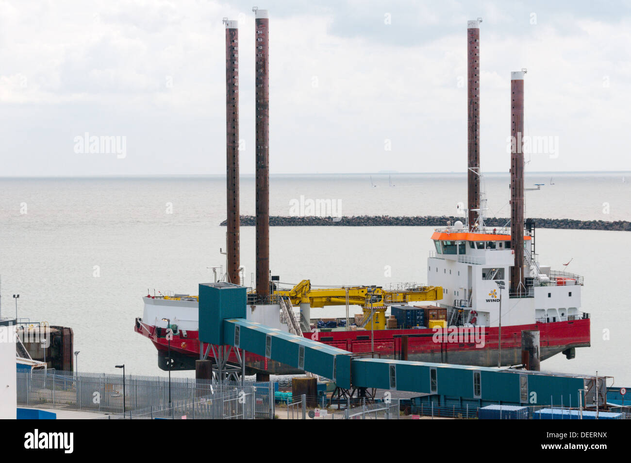 MV Wind, a jack-up barge of the Danish company DBB Jack-Up Services, in ...
