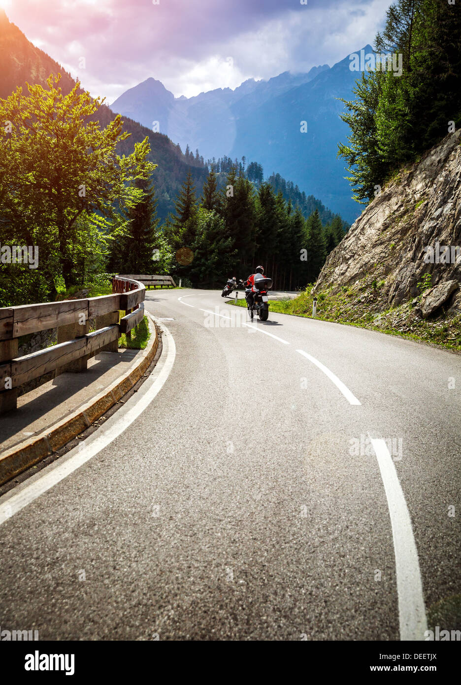 Bikers on mountainous race, curve road in Alpine mountains, Austria ...