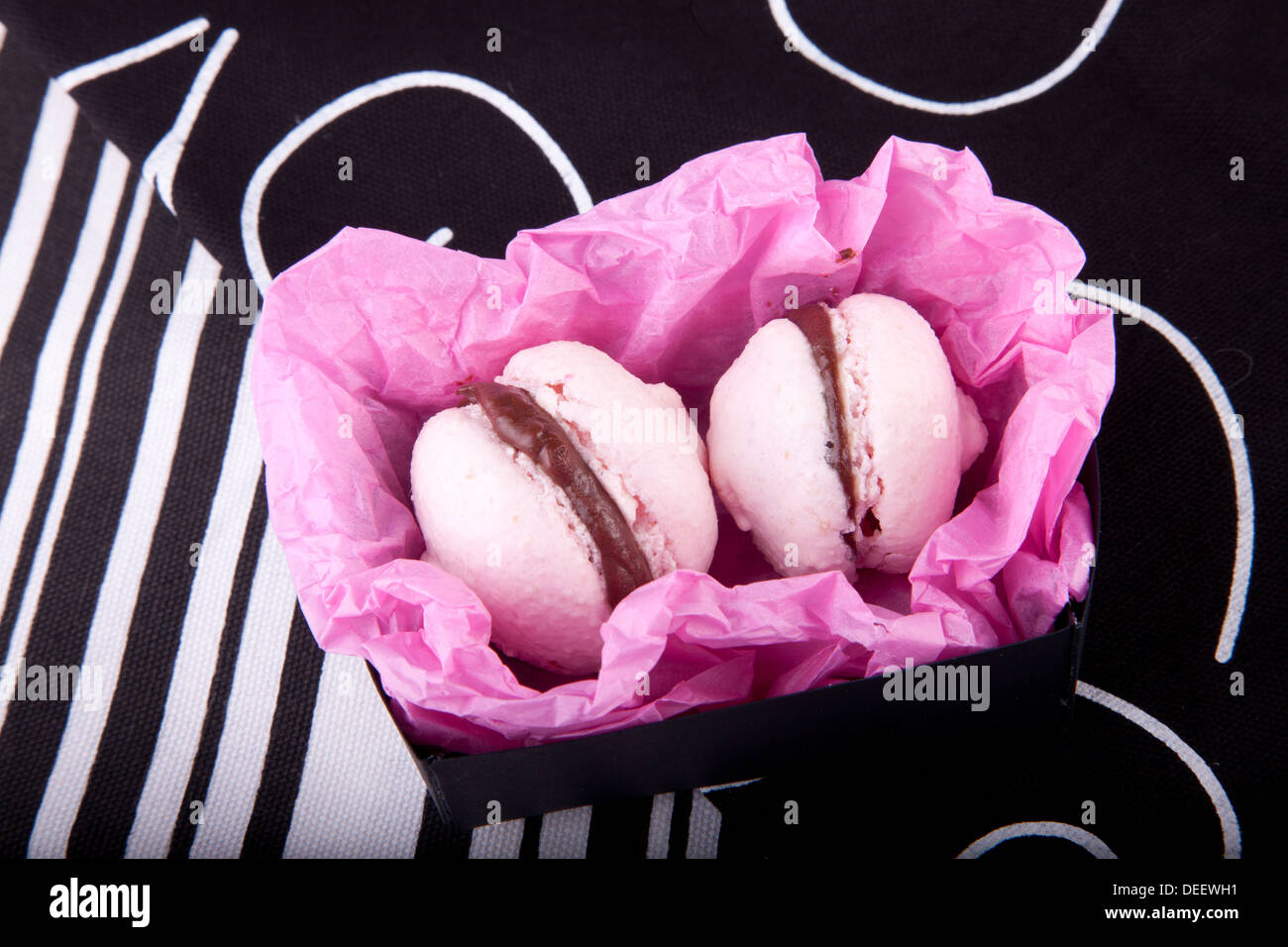 two pink macaroons in the box in black and white background Stock Photo ...