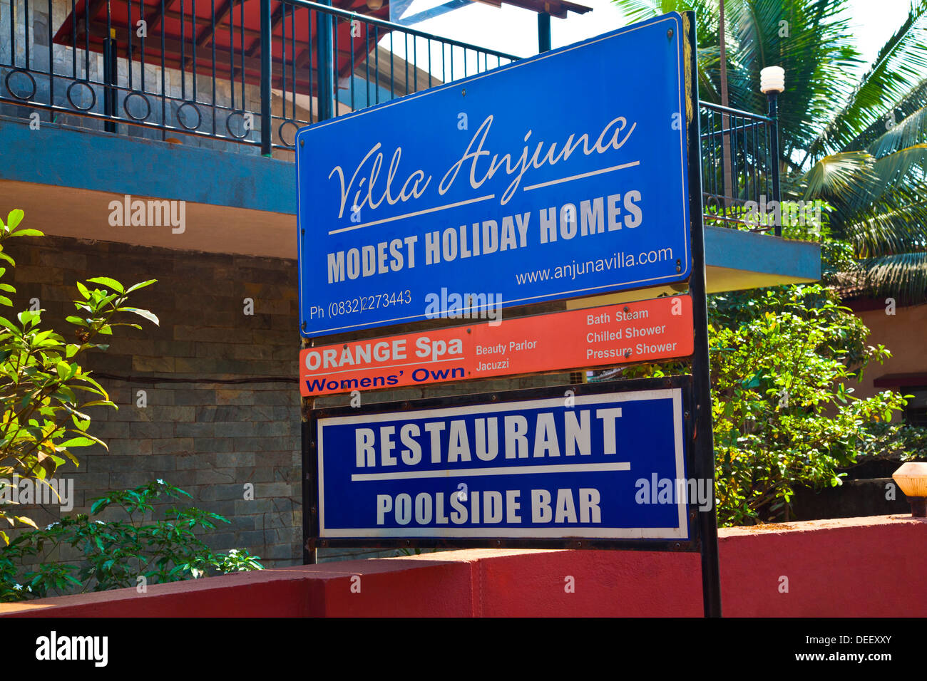 Sign board at a tourist resort, Villa Anjuna, Anjuna Beach Road, Anjuna ...