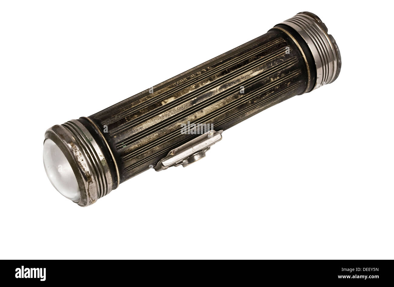 vintage flashlight with light on and brass body, clipping path Stock ...