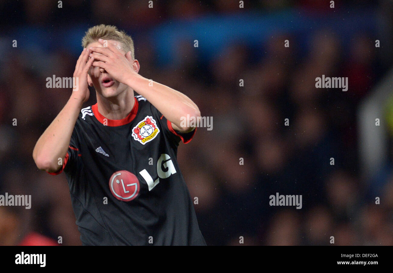 Manchester, UK. 17th Sep, 2013. Lars Bender of Leverkusen reacts during ...