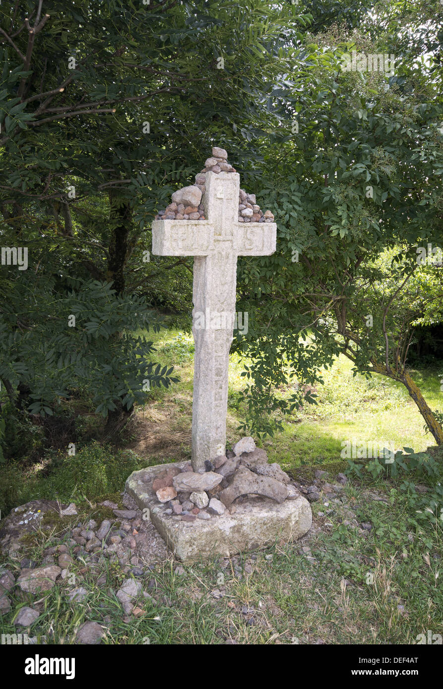Stone cross waymarker in Ramourouscle on the GR65 walking route the Way ...