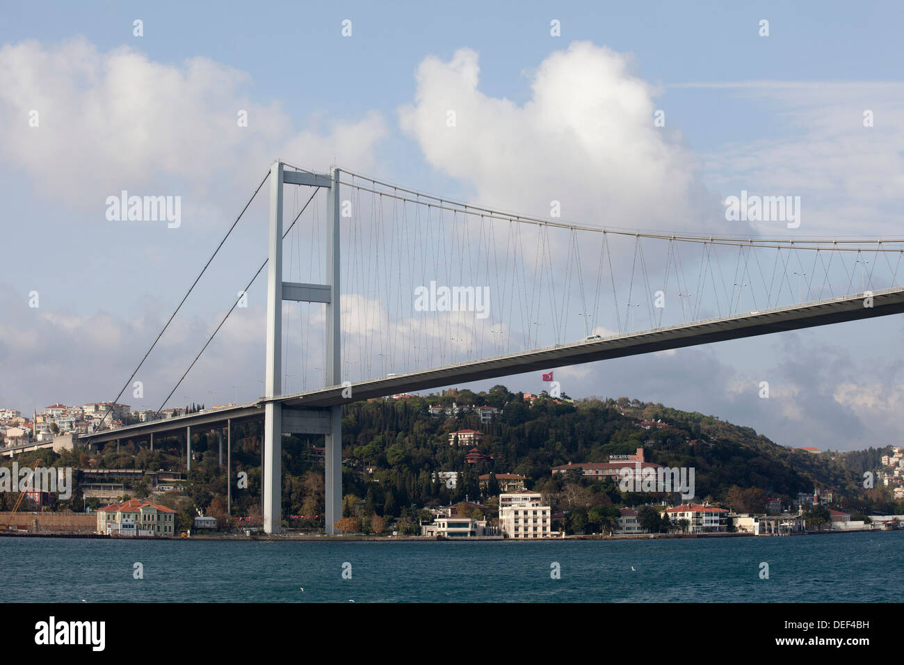 The Bosphorus Bridge which spans the Bosphorus River and two continents ...