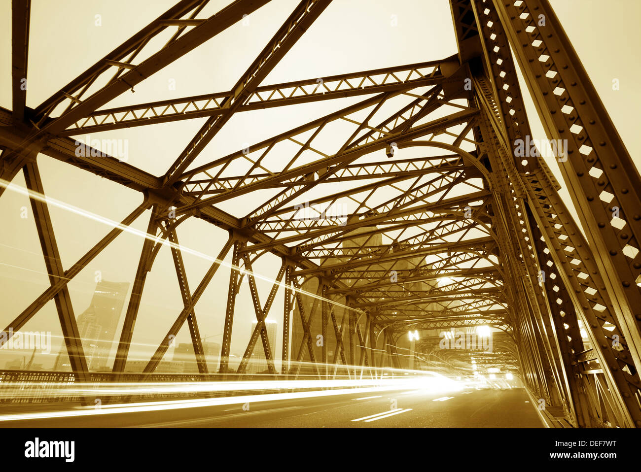 Night traffic lights inside of the Garden Bridge of shanghai china ...