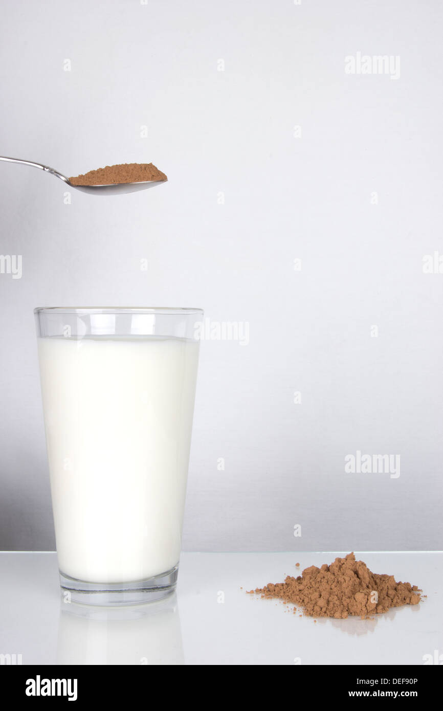 Glass of White Milk with Spoon and Powder Stock Photo - Alamy