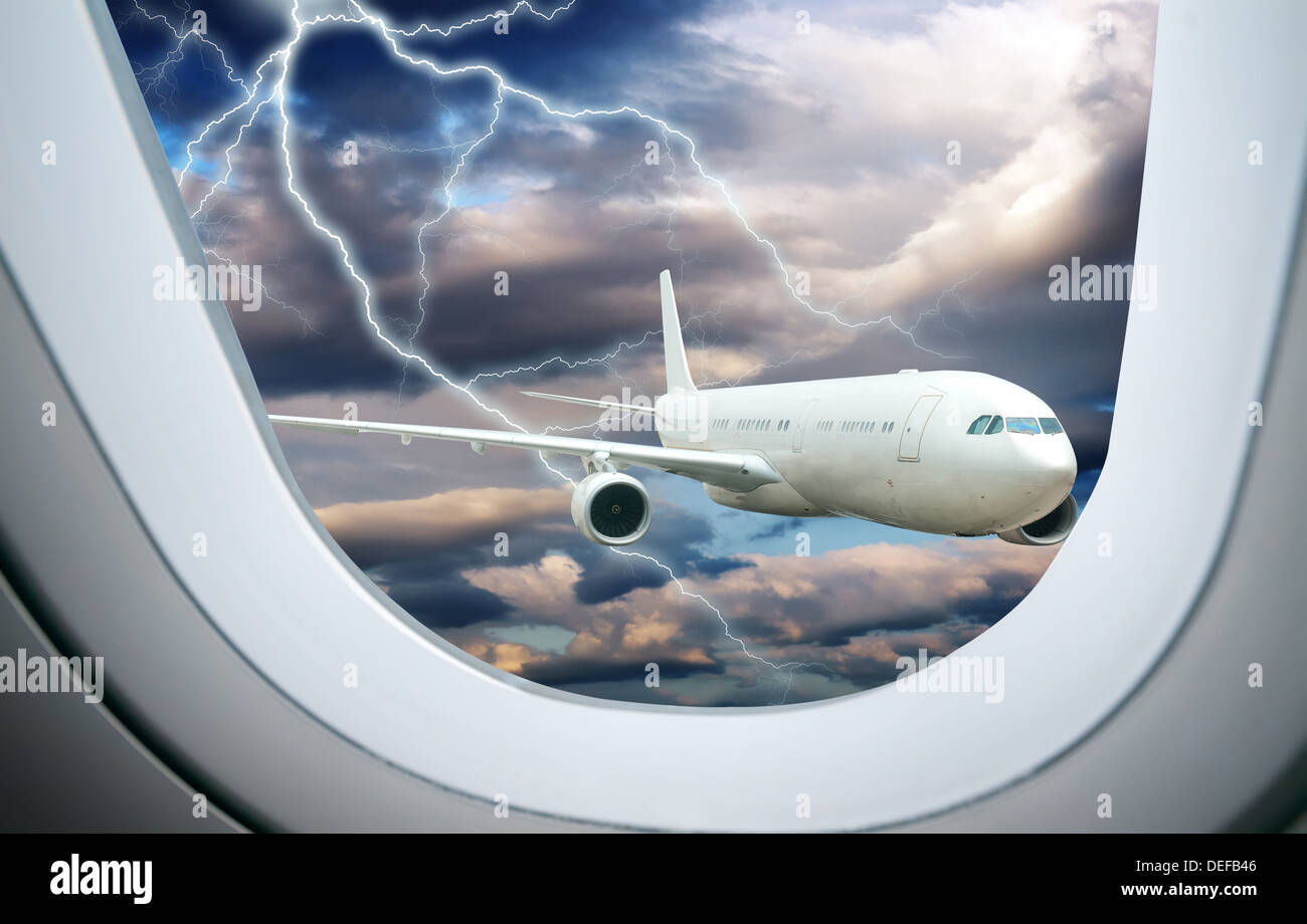 Aircraft flying in the night sky of lightning Stock Photo - Alamy