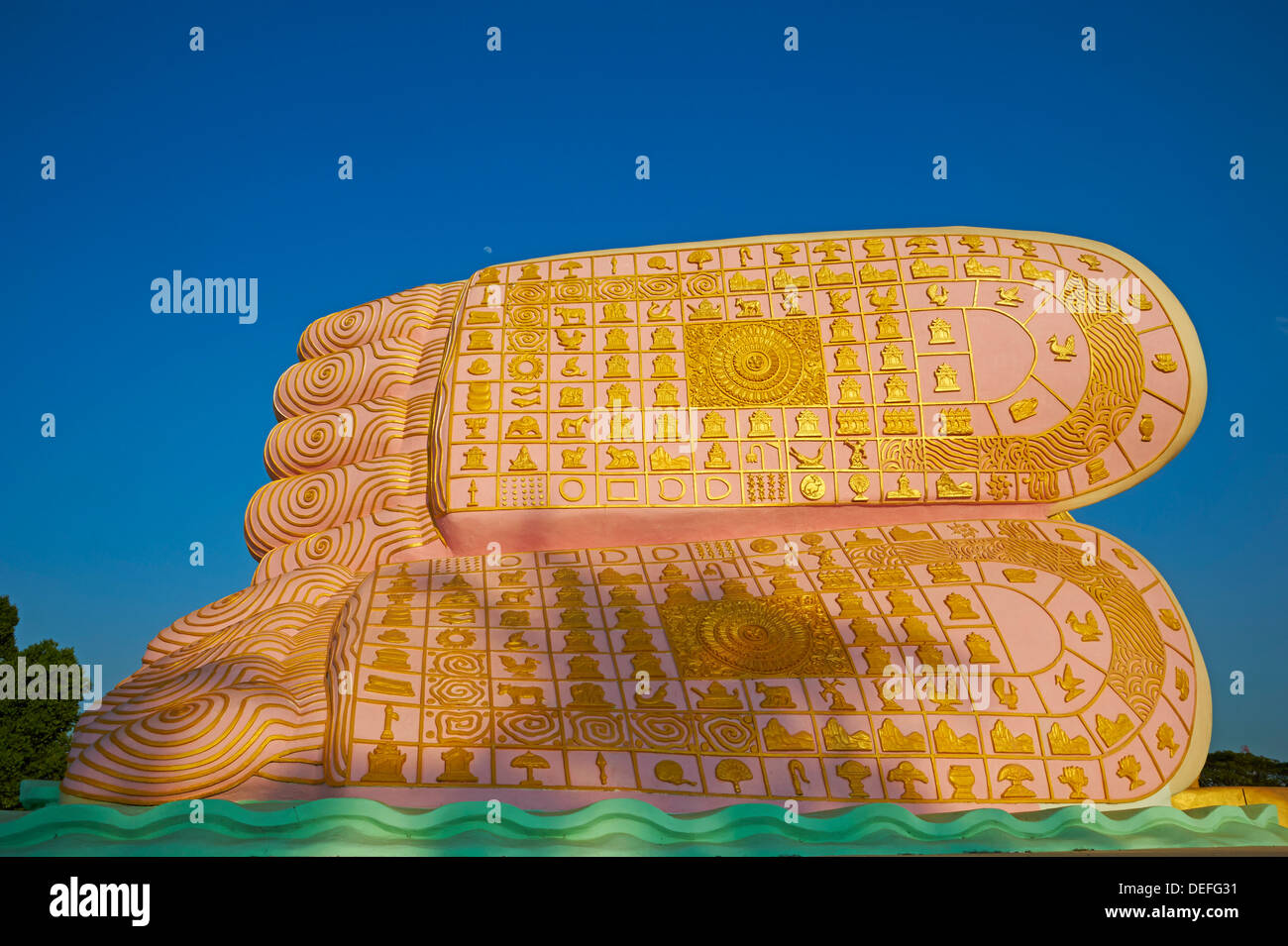 The decorated feet of the Mya Tha Lyaung reclining Buddha one of the ...