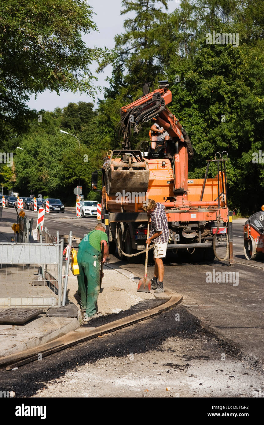 Road construction, road renovation, Obermenzing, Munich, Upper Bavaria ...