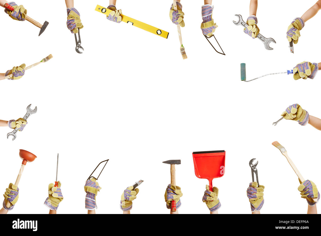 Frame with many hands holding different work tools for construction and ...