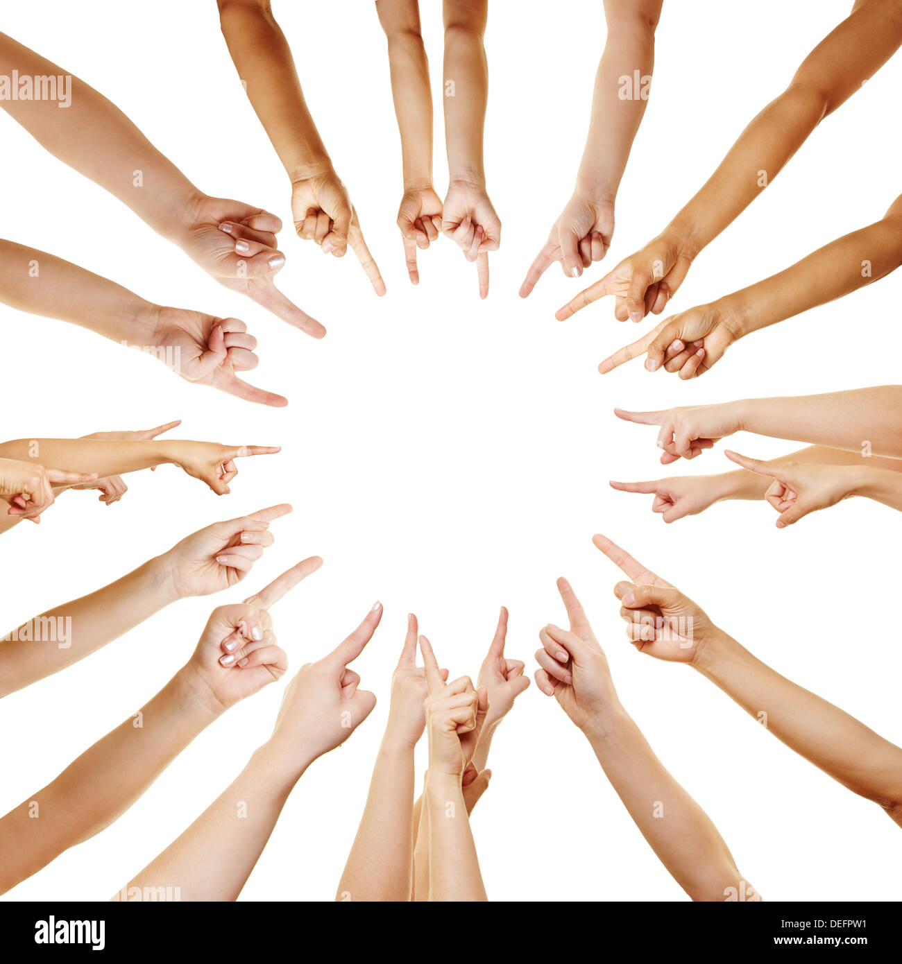 Many hands pointing with their fingers to the center Stock Photo - Alamy