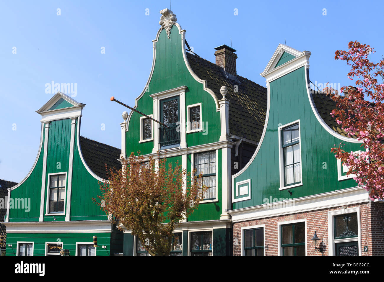 Historic windmills and houses in Zaanse Schans on the banks of the ...