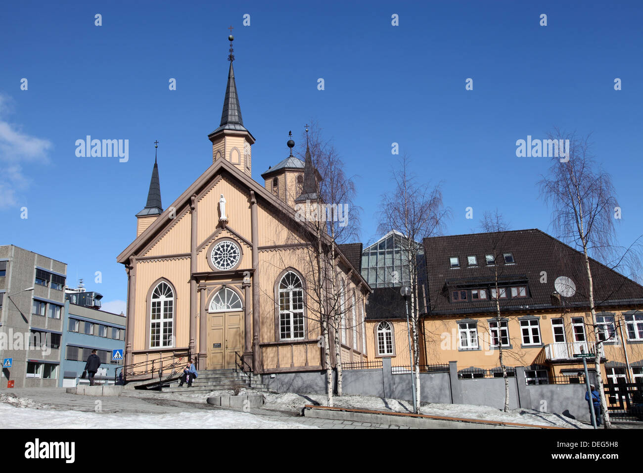 Church in the harbour square, Tromso, arctic Norway, Scandinavia ...