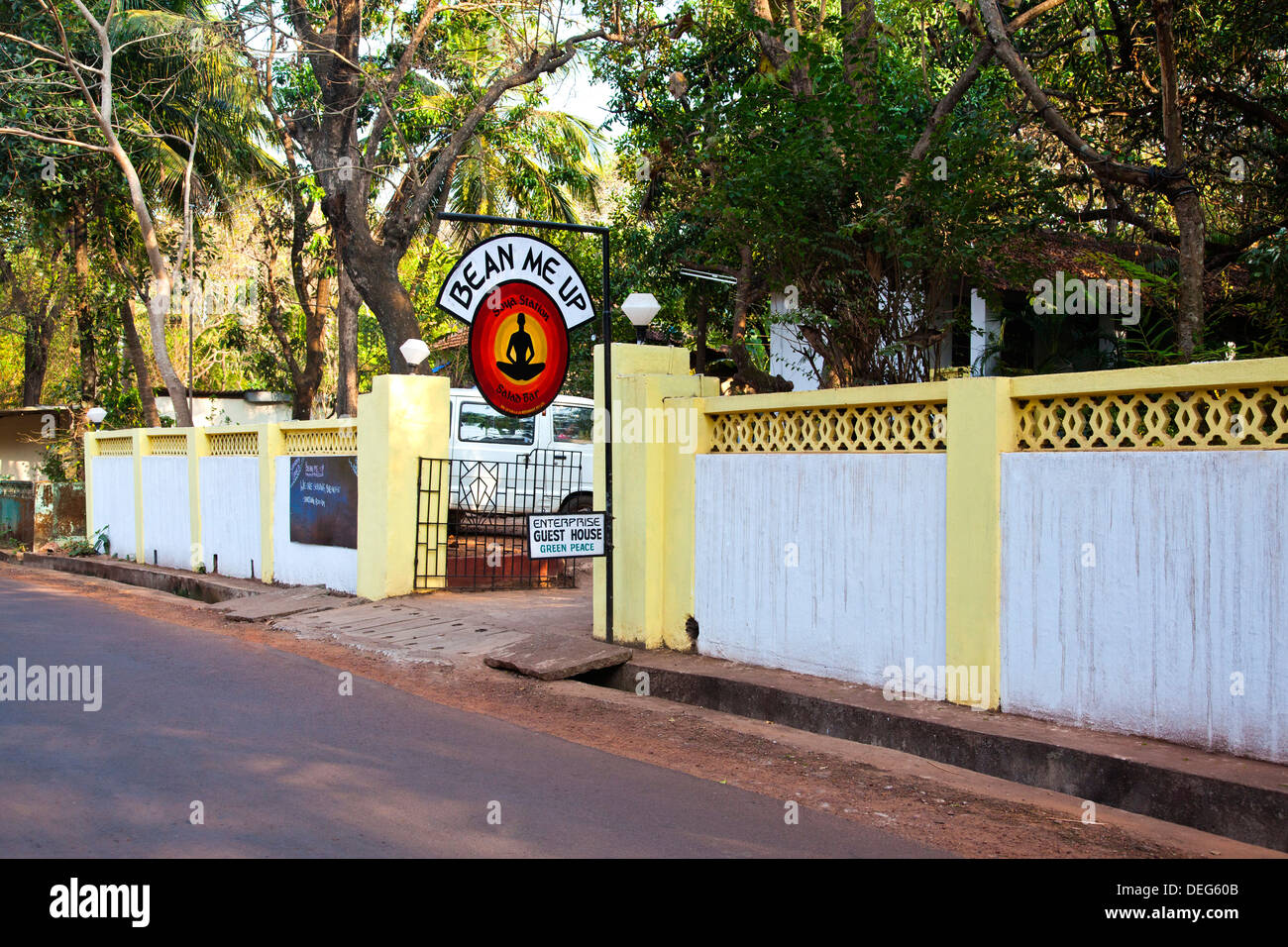 Entrance gate of a hotel, Bean Me Up Soya Station, Vagator, North Goa ...