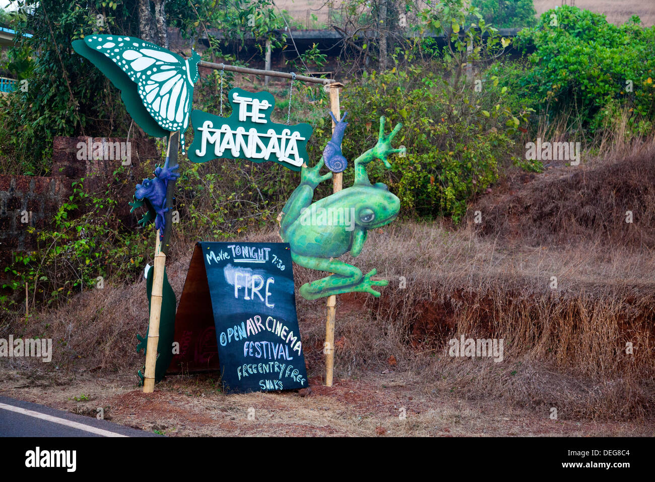 Sign board of a tourist resort at roadside, The Mandala, Mandrem, North ...