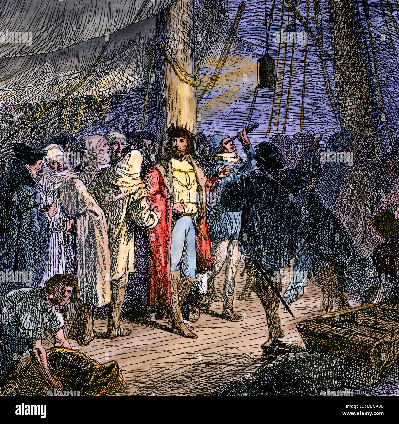 Columbus navigating by the stars from the deck of the Santa Maria, 1492 ...