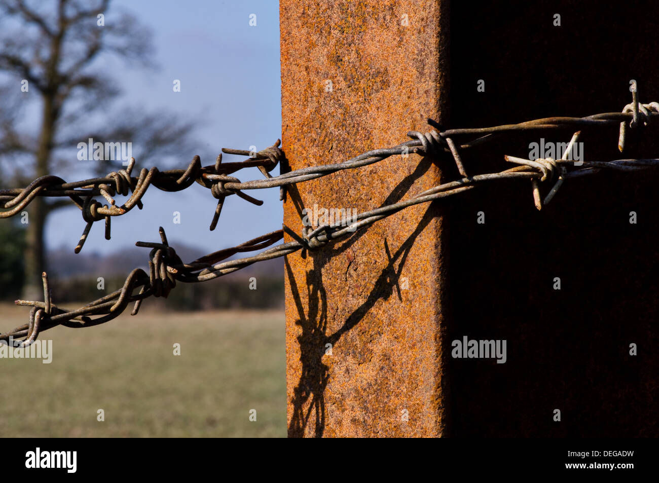 Barbed wire on metal post Stock Photo - Alamy