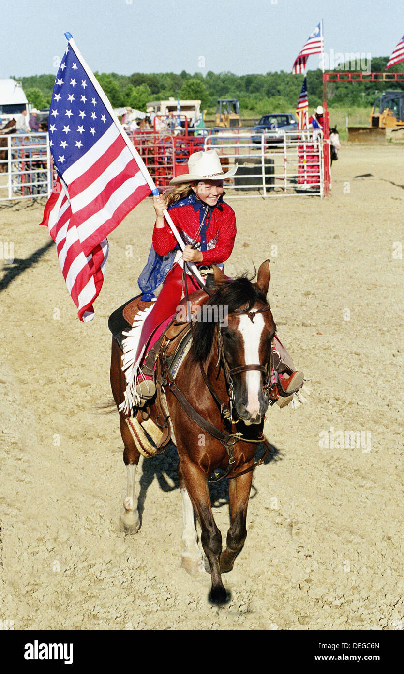 Girl Riding Horse With American Flag High Resolution Stock Photography ...